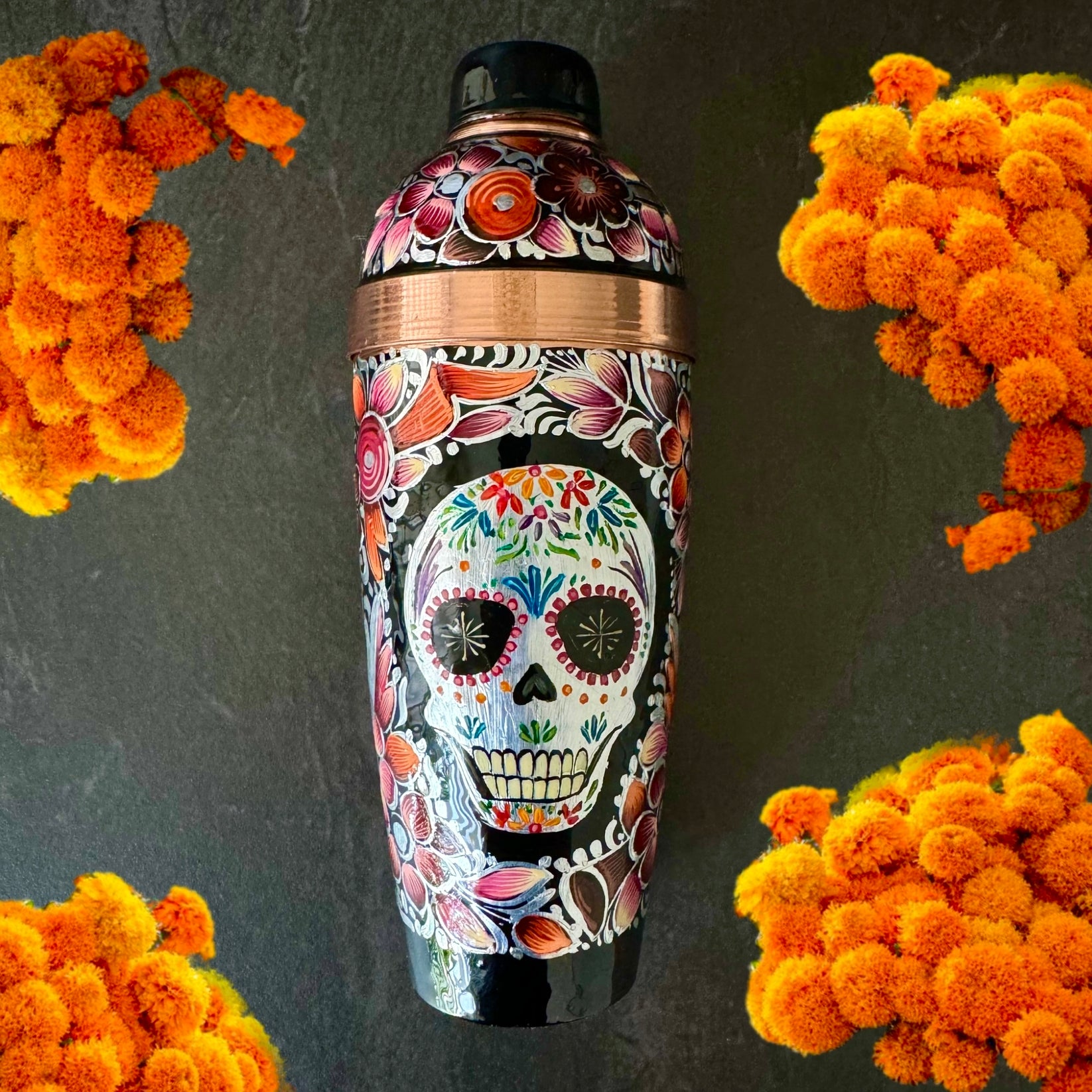 Mexican Handmade Copper 7-Piece Barware & Bar Tools Set- Sugar Skull ...