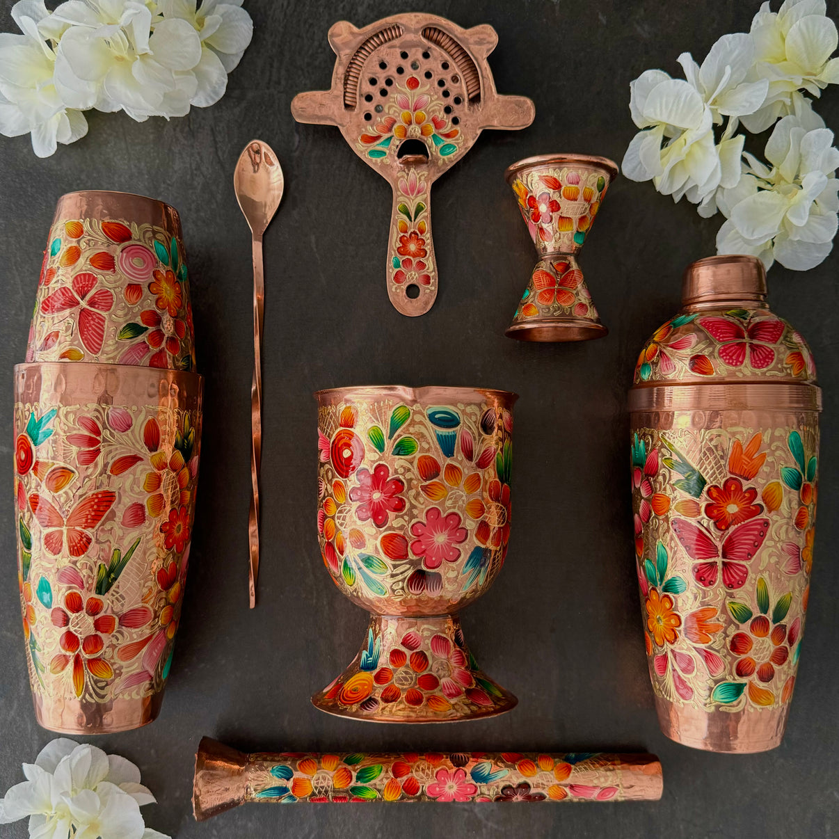 Mexican Handmade Copper 7-Piece Barware & Bar Tools Set- LYYE Flowers ...