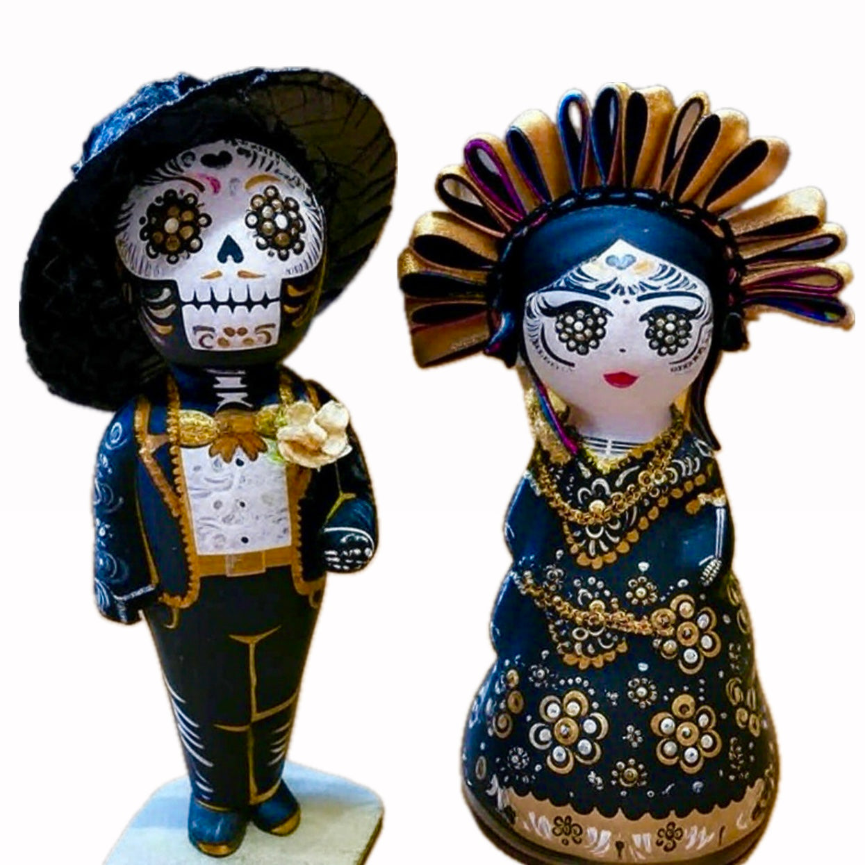 Mexican Handmade Clay Folklore Catrina Figurines- Gold PAIR | CoLores ...